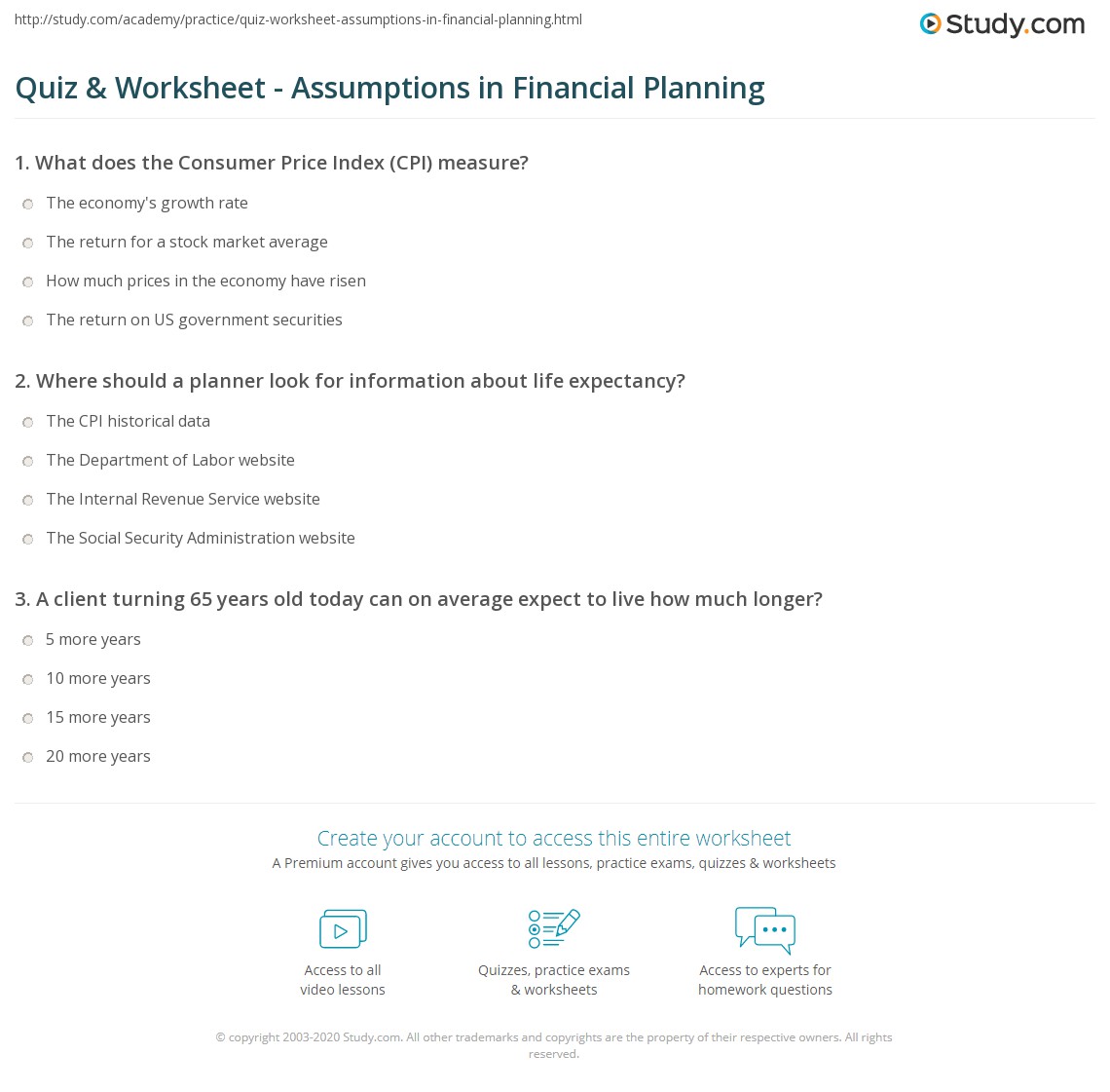 Quiz & Worksheet - Assumptions in Financial Planning | Study.com