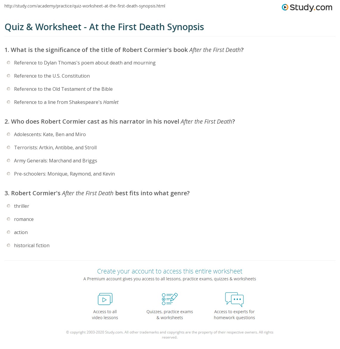 Quiz & Worksheet - At the First Death Synopsis | Study.com