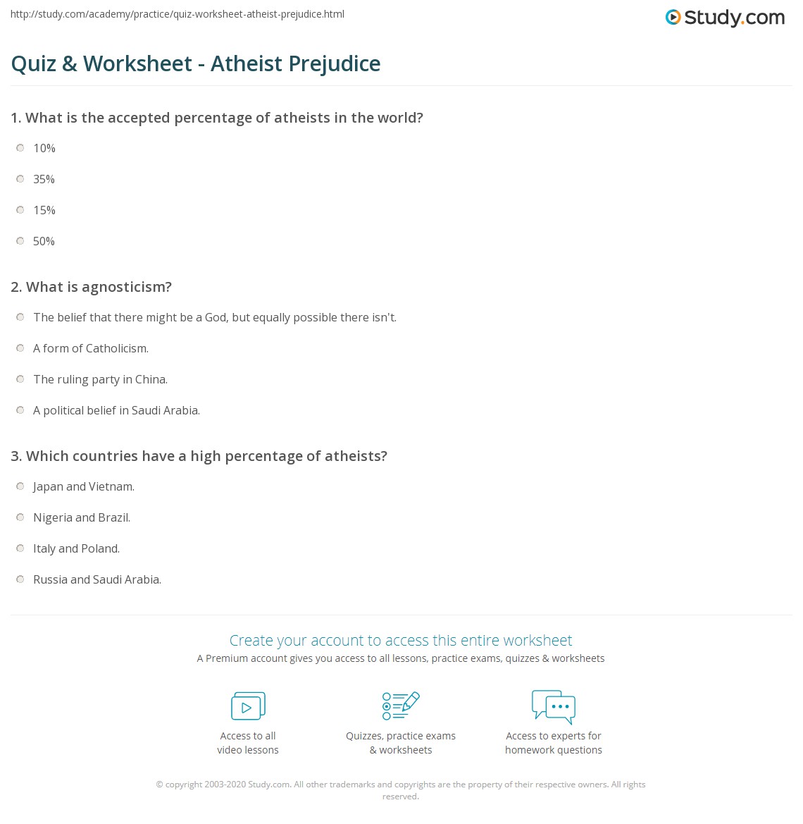 Quiz & Worksheet - Atheist Prejudice | Study.com