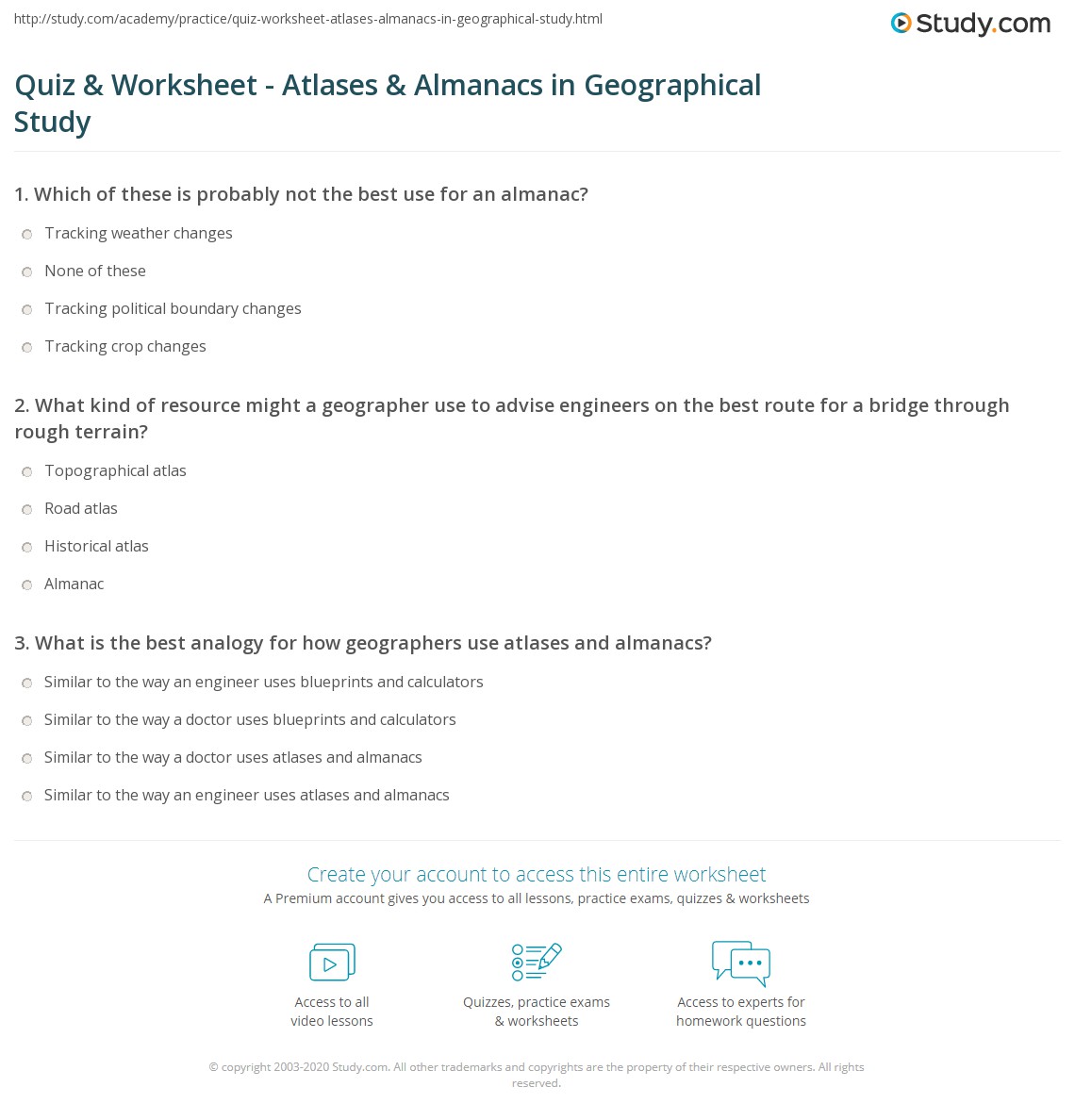 Quiz & Worksheet - Atlases & Almanacs in Geographical Study | Study.com