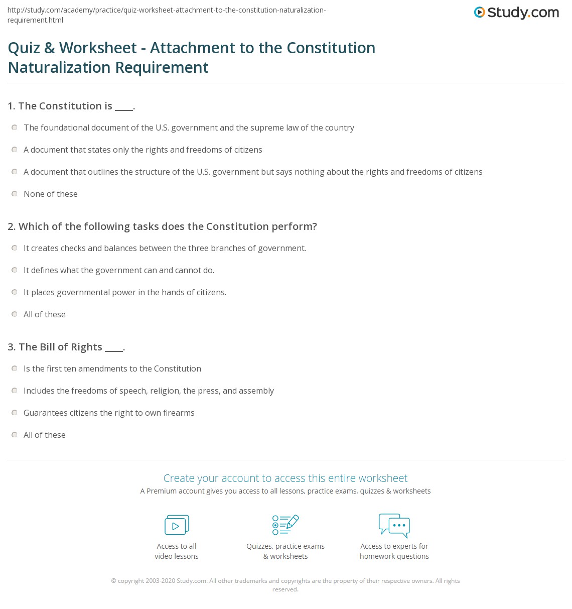 Quiz & Worksheet - Attachment to the Constitution Naturalization ...