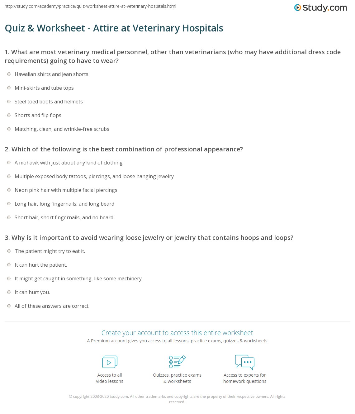 Quiz & Worksheet - Attire at Veterinary Hospitals | Study.com