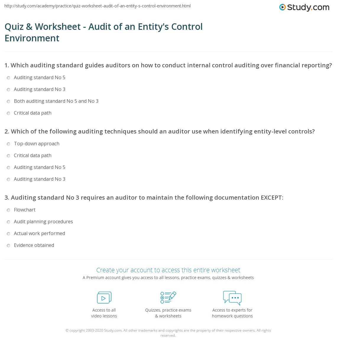 Quiz & Worksheet - Audit of an Entity's Control Environment | Study.com