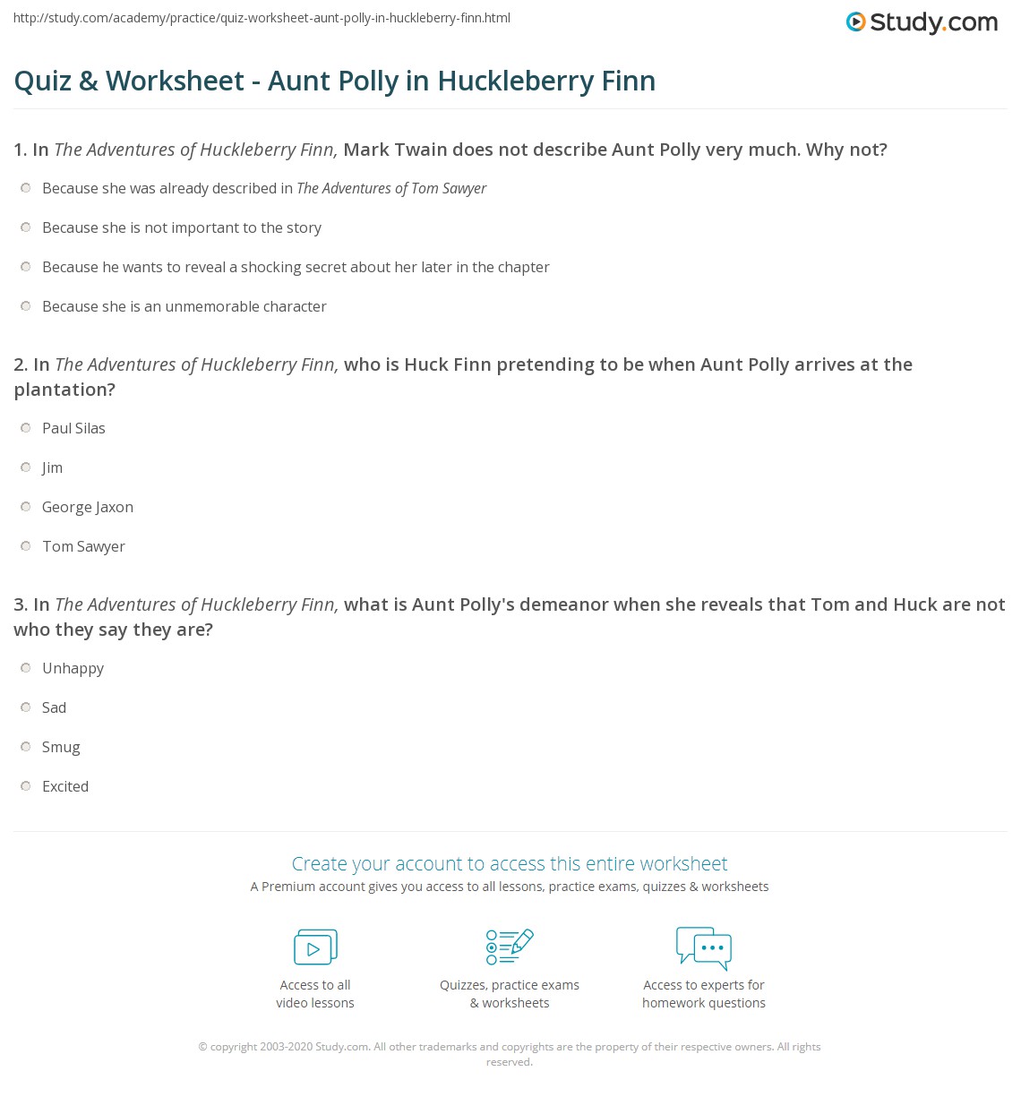 Quiz & Worksheet - Aunt Polly in Huckleberry Finn | Study.com