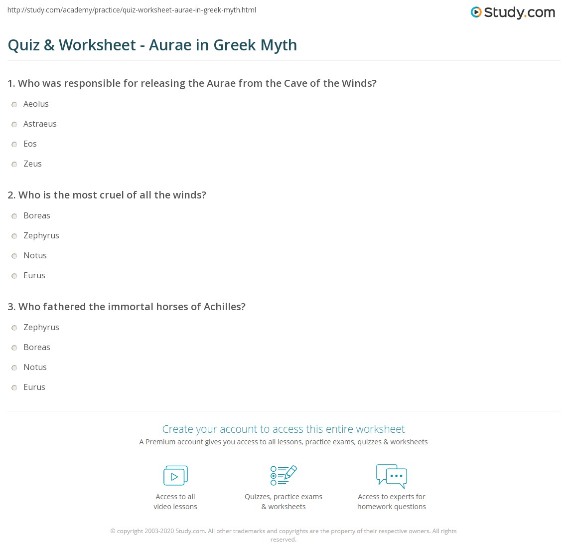 Quiz & Worksheet - Aurae in Greek Myth | Study.com