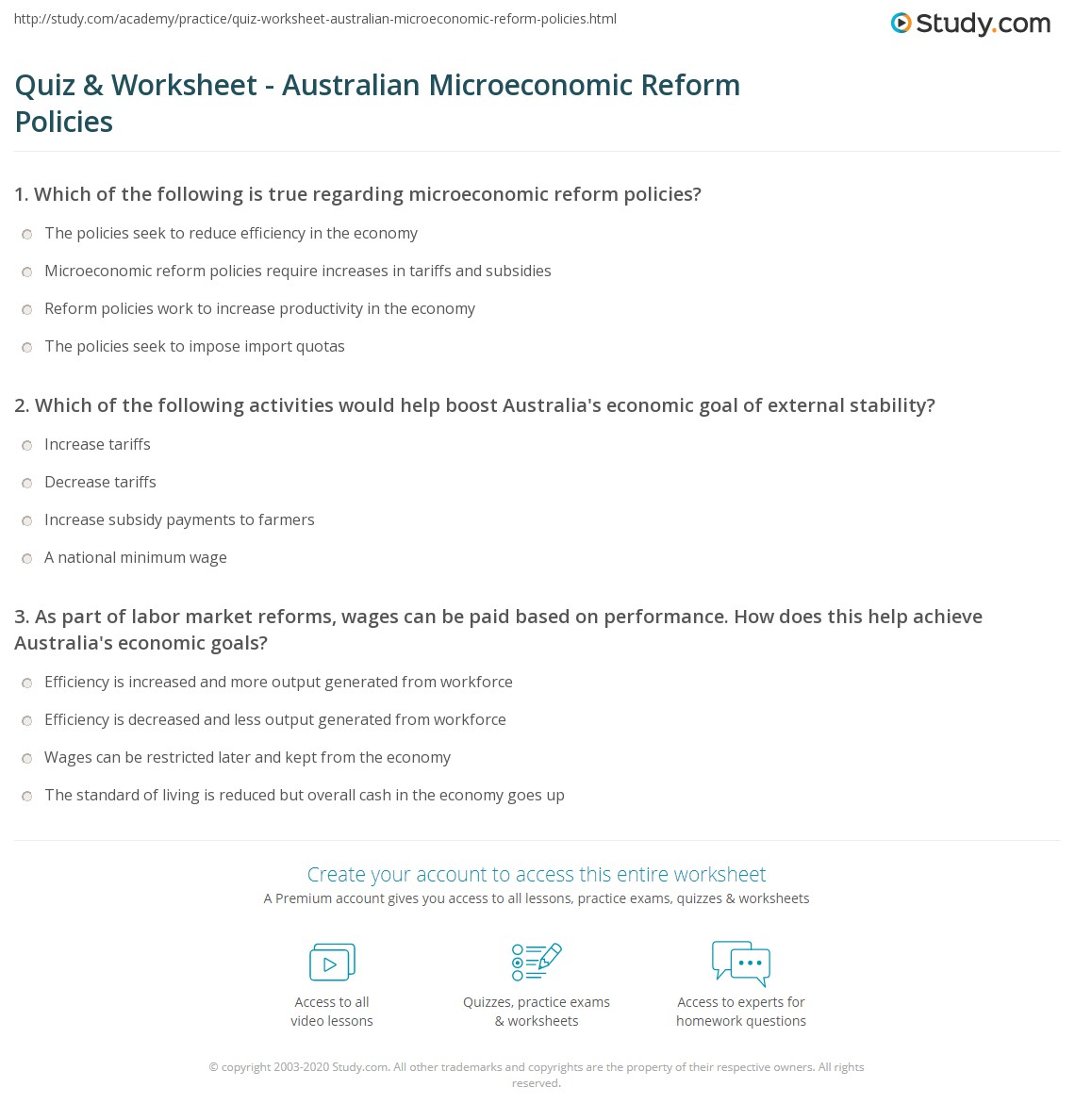 Quiz & Worksheet - Australian Microeconomic Reform Policies | Study.com