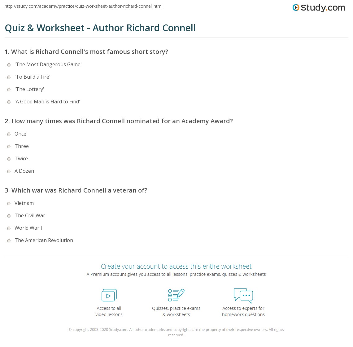 Quiz & Worksheet - Author Richard Connell | Study.com