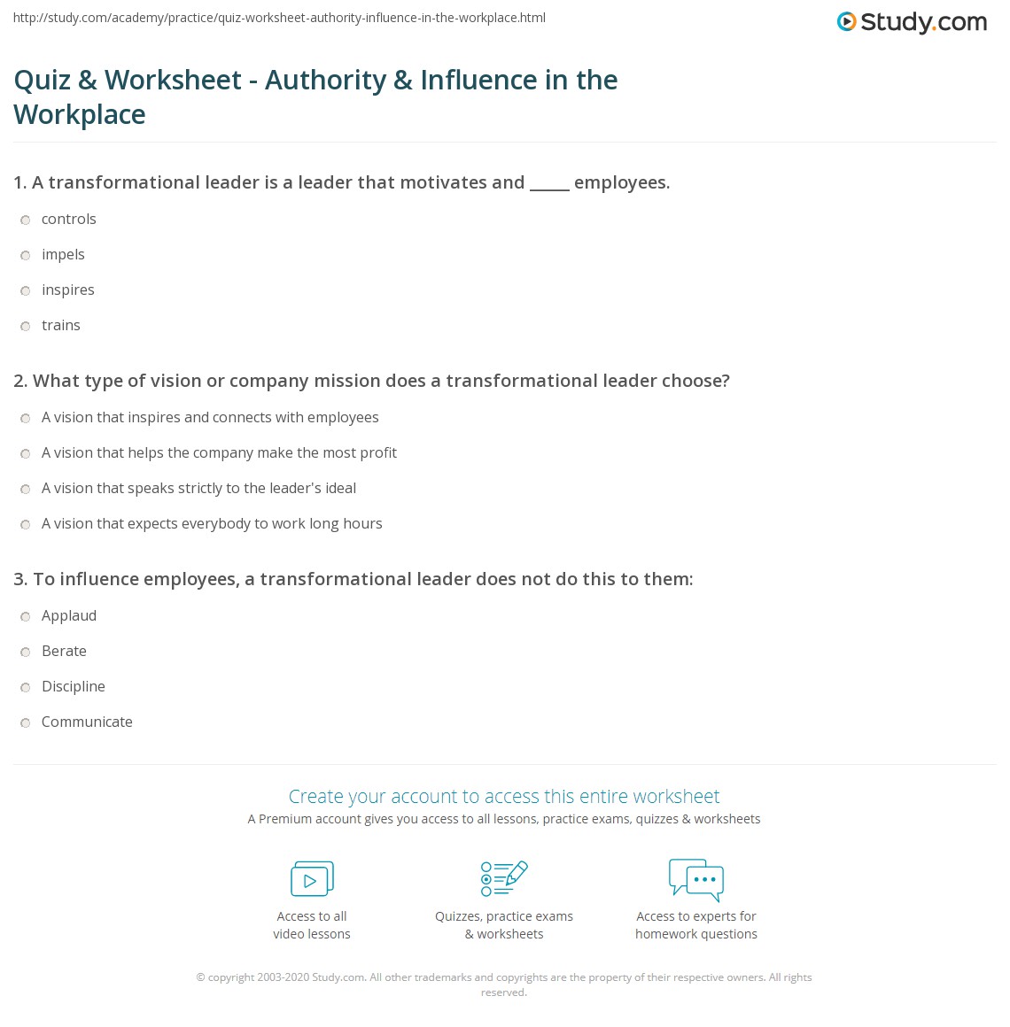 Quiz & Worksheet - Authority & Influence in the Workplace | Study.com