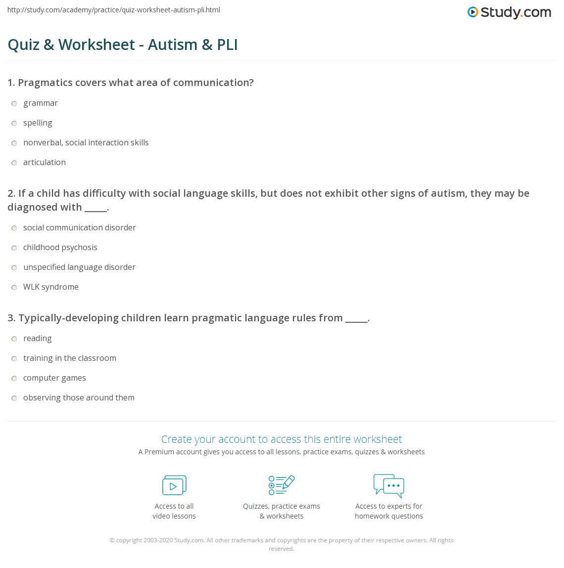 Quiz & Worksheet - Autism & PLI | Study.com