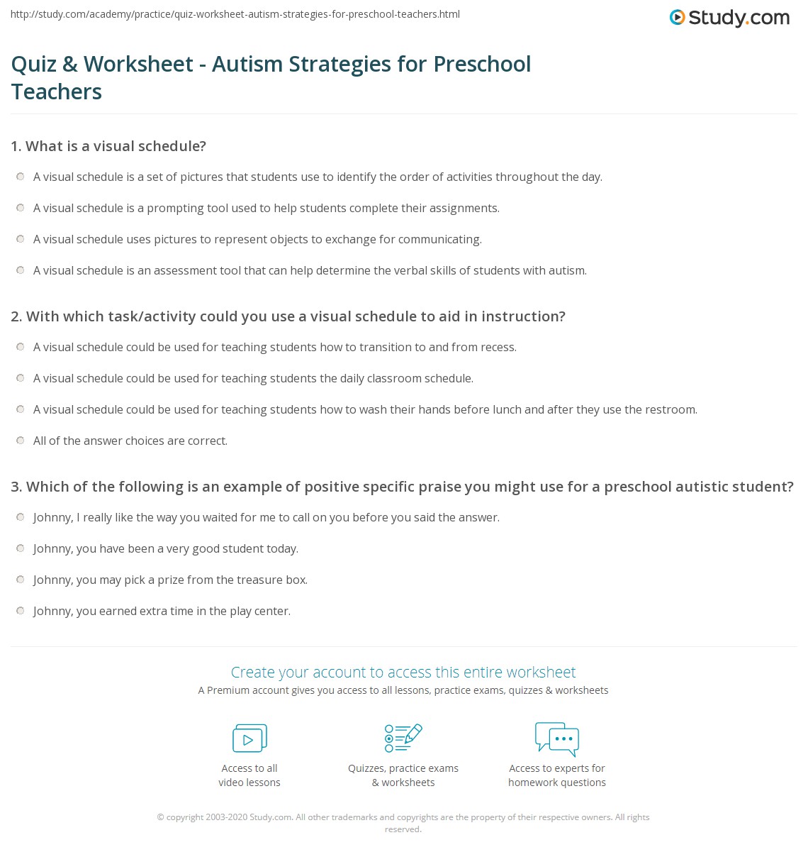 Quiz & Worksheet - Autism Strategies for Preschool Teachers | Study.com