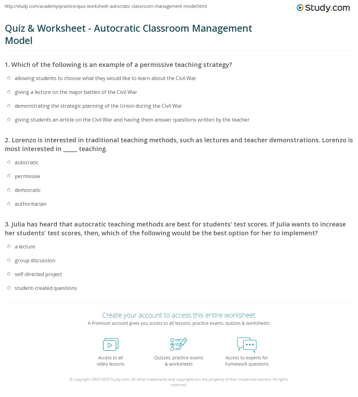Quiz & Worksheet - Autocratic Classroom Management Model | Study.com