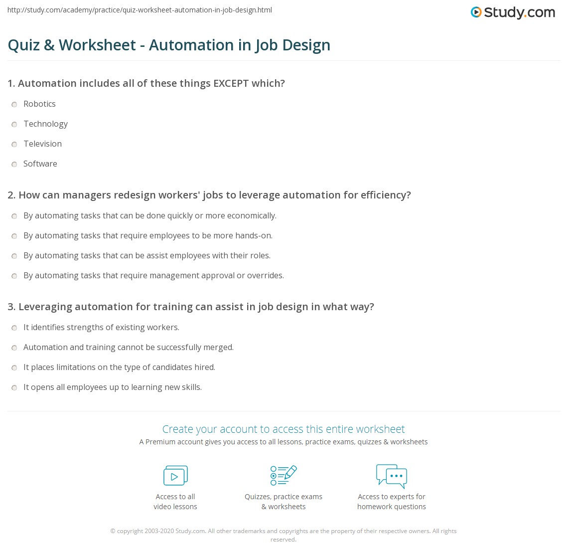 Quiz & Worksheet - Automation in Job Design | Study.com