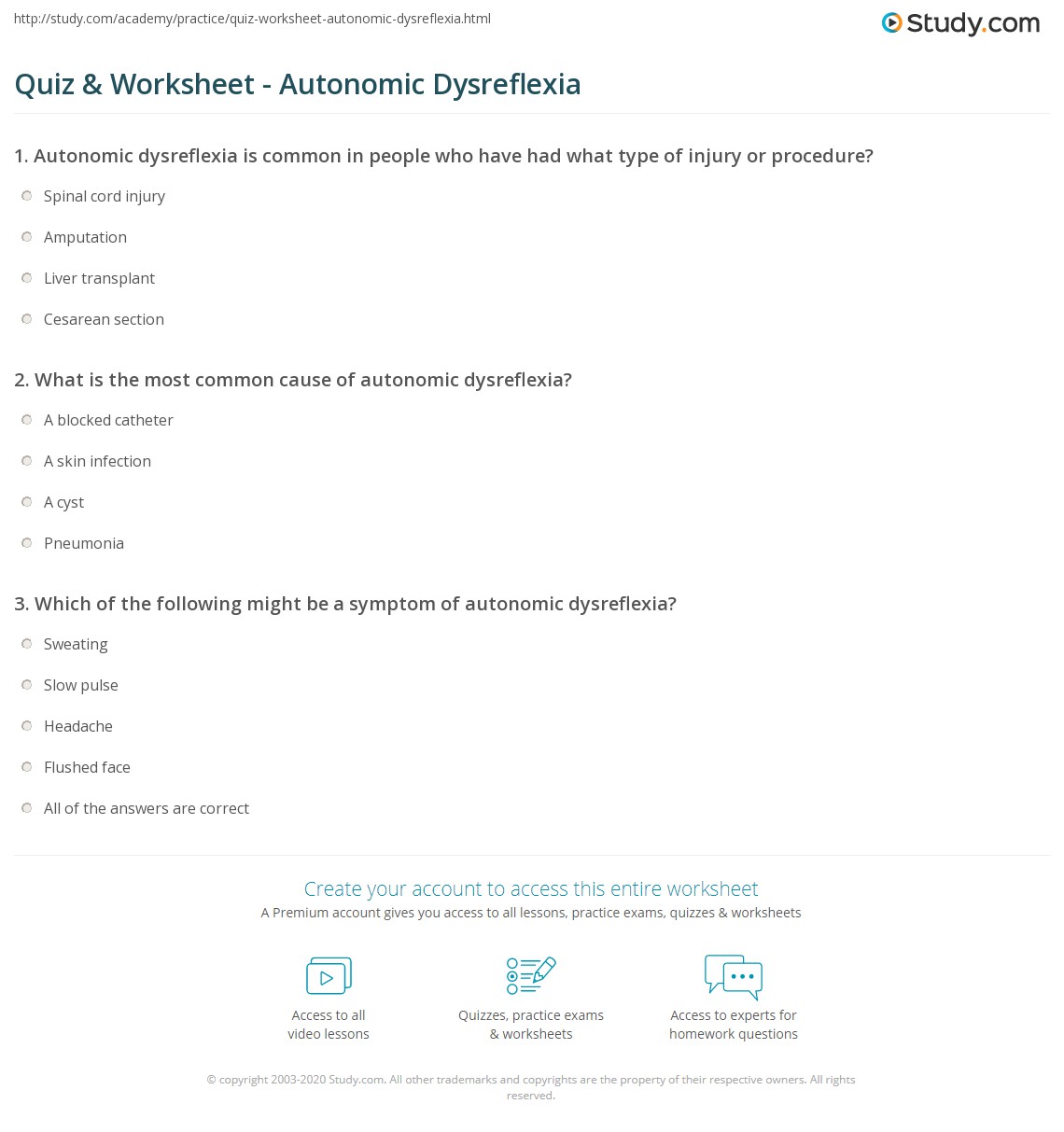 Quiz & Worksheet - Autonomic Dysreflexia | Study.com