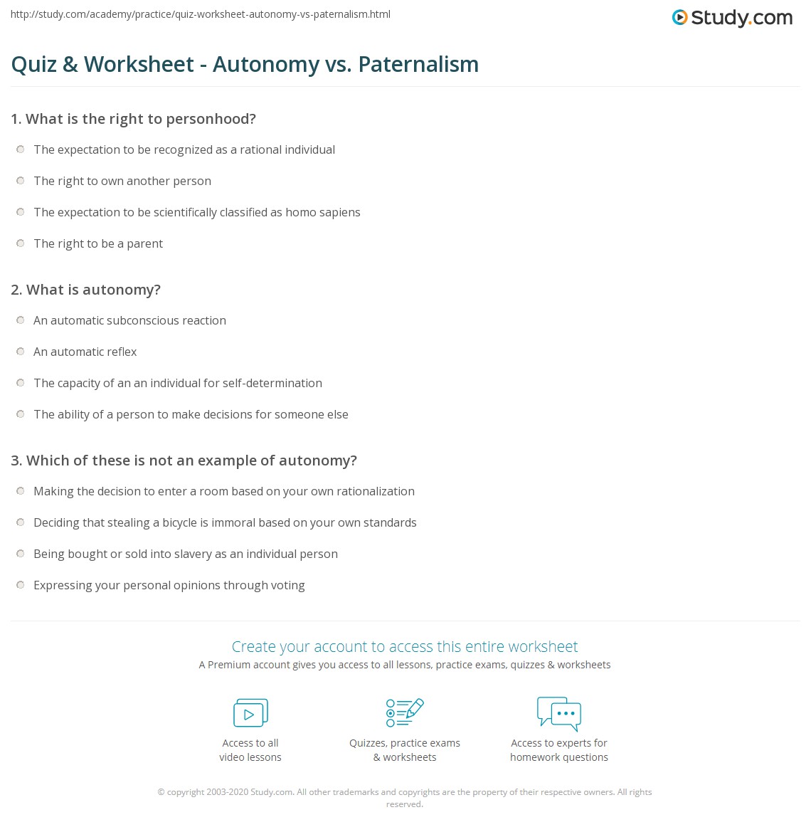 Quiz & Worksheet - Autonomy vs. Paternalism | Study.com