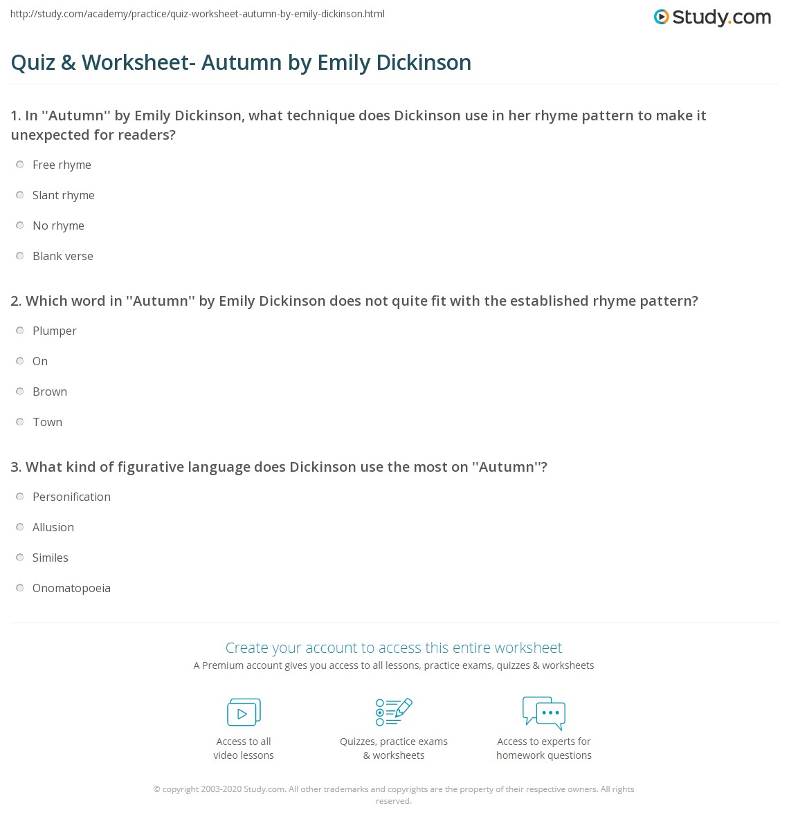 Quiz & Worksheet- Autumn by Emily Dickinson | Study.com