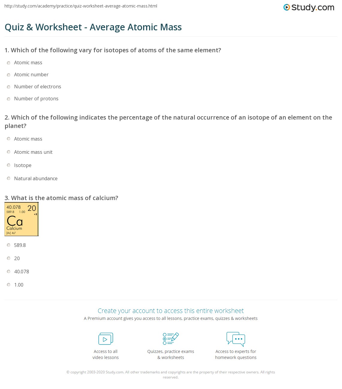 Calculating Average Atomic Mass Worksheet