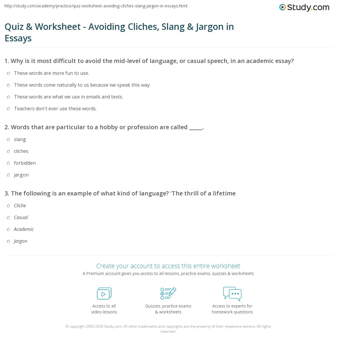 Quiz & Worksheet - Avoiding Cliches, Slang & Jargon in Essays | Study.com