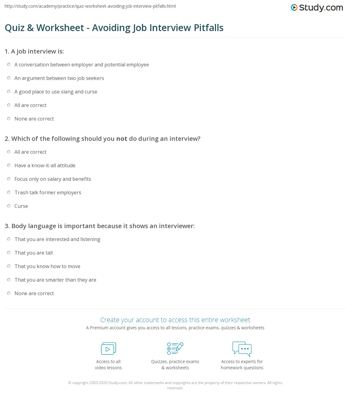 Quiz & Worksheet - Avoiding Job Interview Pitfalls | Study.com