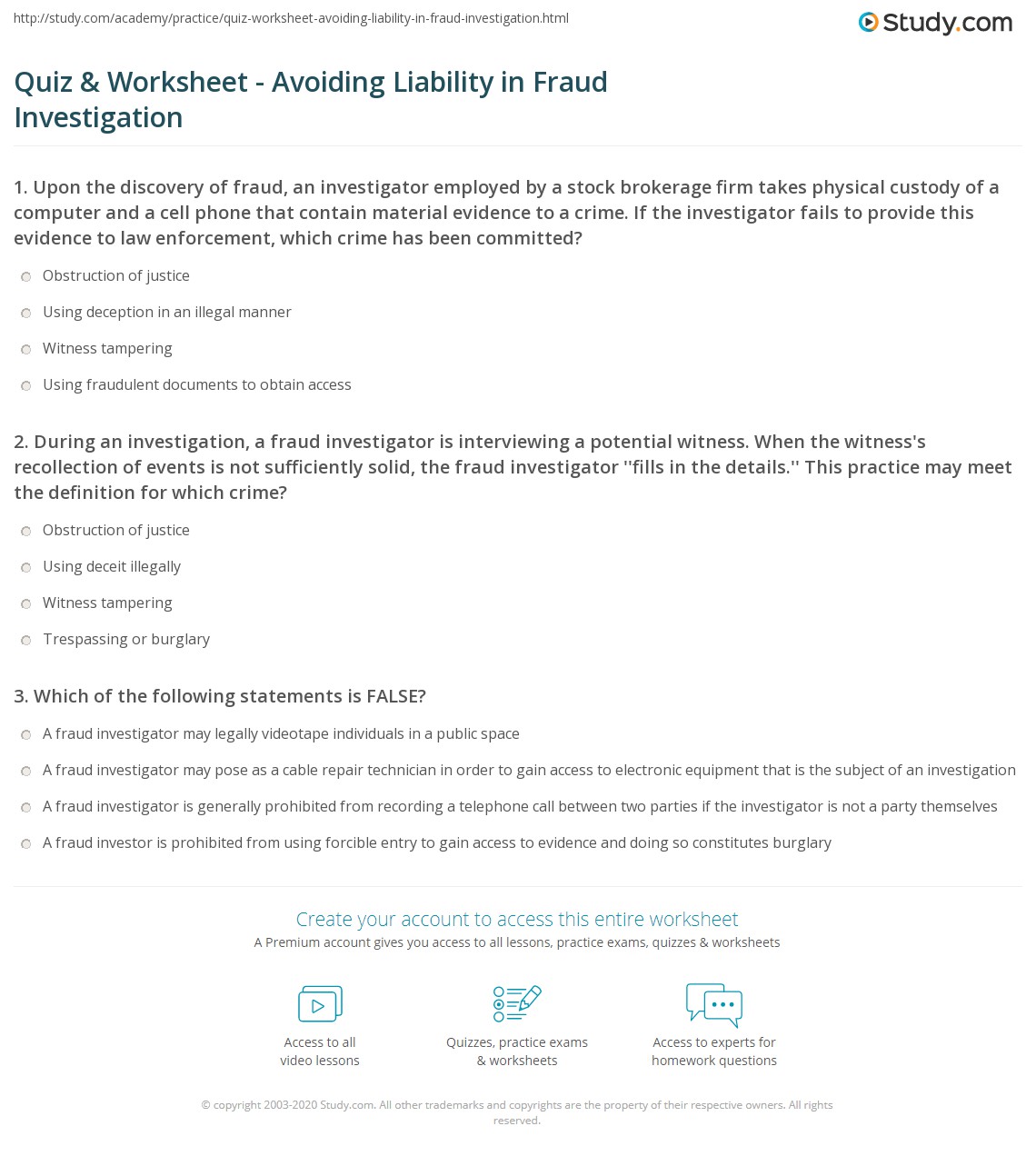 Quiz & Worksheet - Avoiding Liability in Fraud Investigation | Study.com