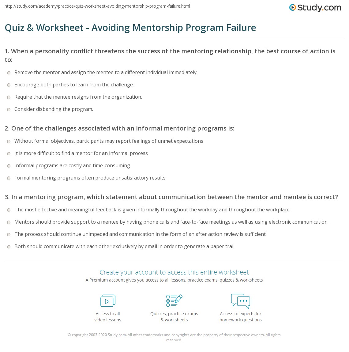 Quiz & Worksheet - Avoiding Mentorship Program Failure | Study.com