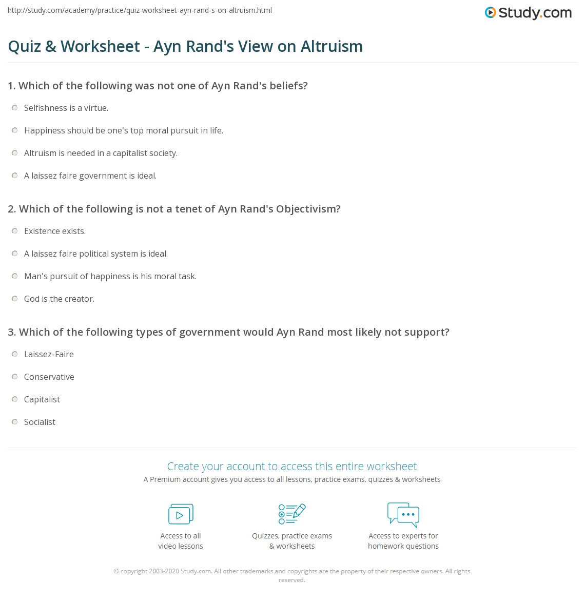 Quiz & Worksheet - Ayn Rand's View on Altruism | Study.com