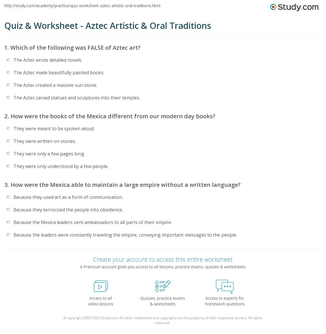 Quiz & Worksheet - Aztec Artistic & Oral Traditions | Study.com