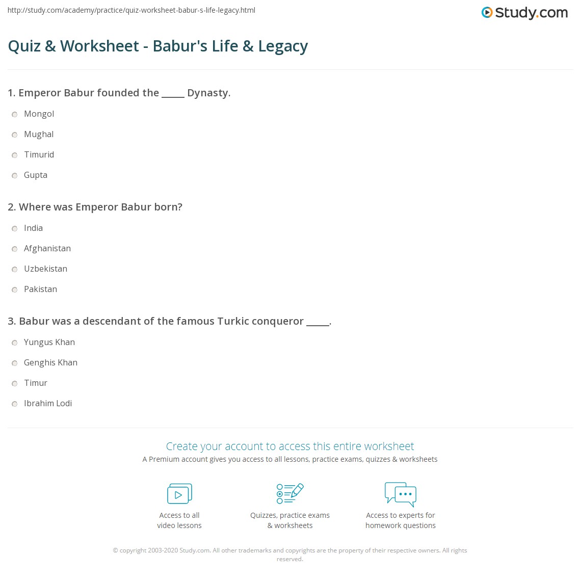 Quiz & Worksheet - Babur's Life & Legacy | Study.com