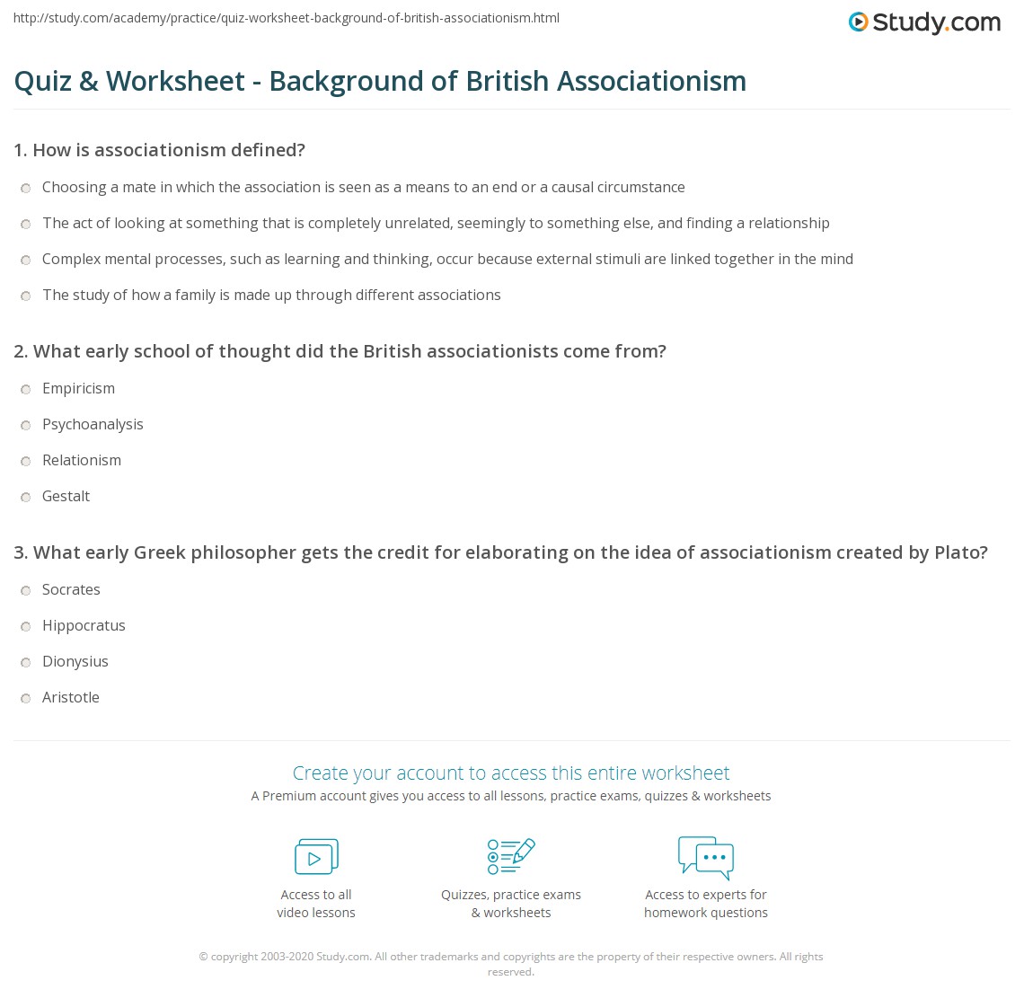 Quiz & Worksheet - Background of British Associationism | Study.com