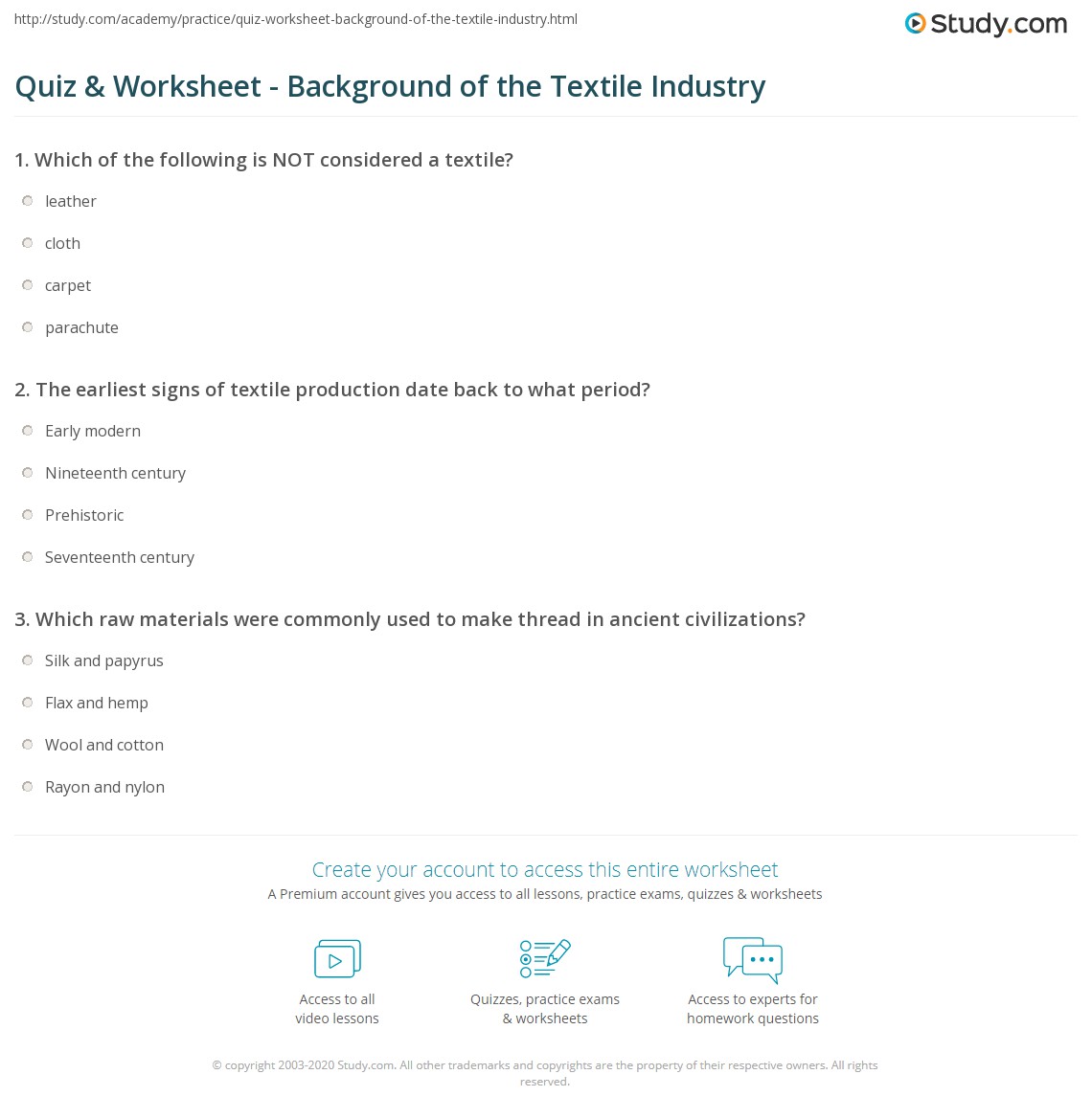 Quiz & Worksheet - Background of the Textile Industry | Study.com