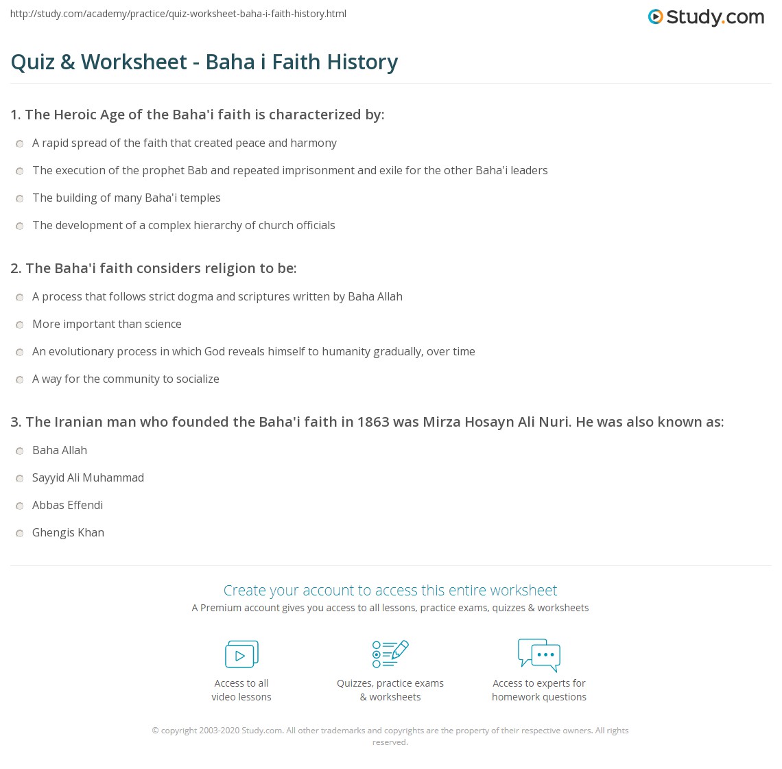 Quiz & Worksheet - Baha i Faith History | Study.com