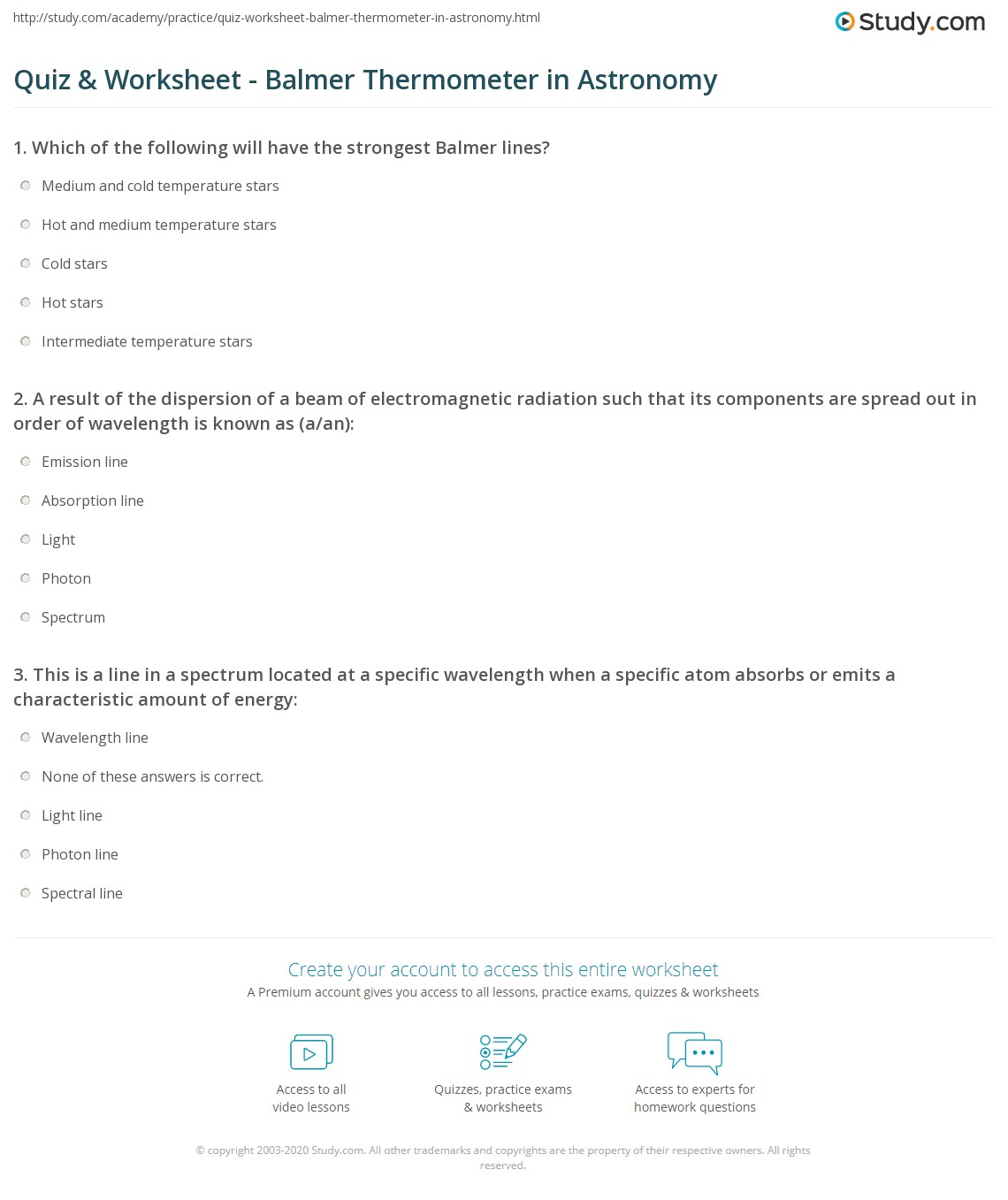 Quiz & Worksheet - Balmer Thermometer in Astronomy | Study.com