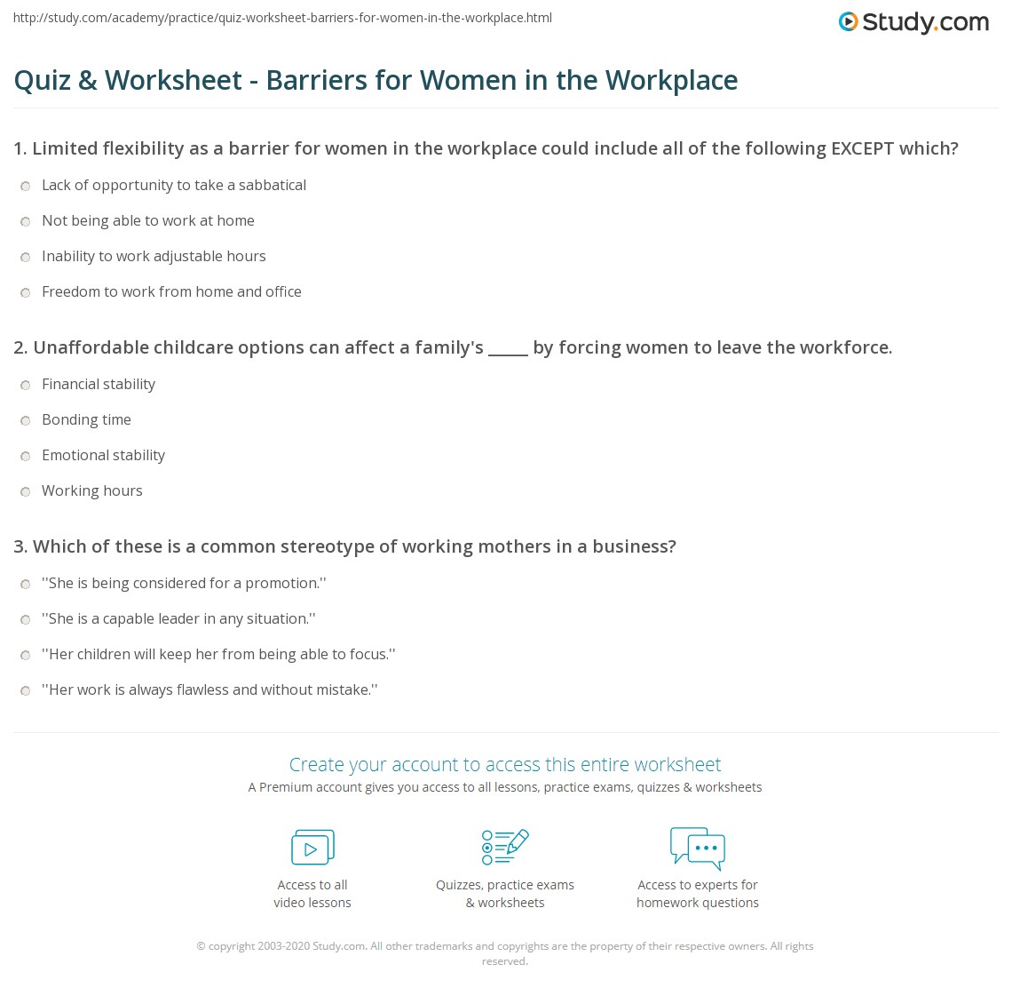 Quiz & Worksheet - Barriers for Women in the Workplace | Study.com