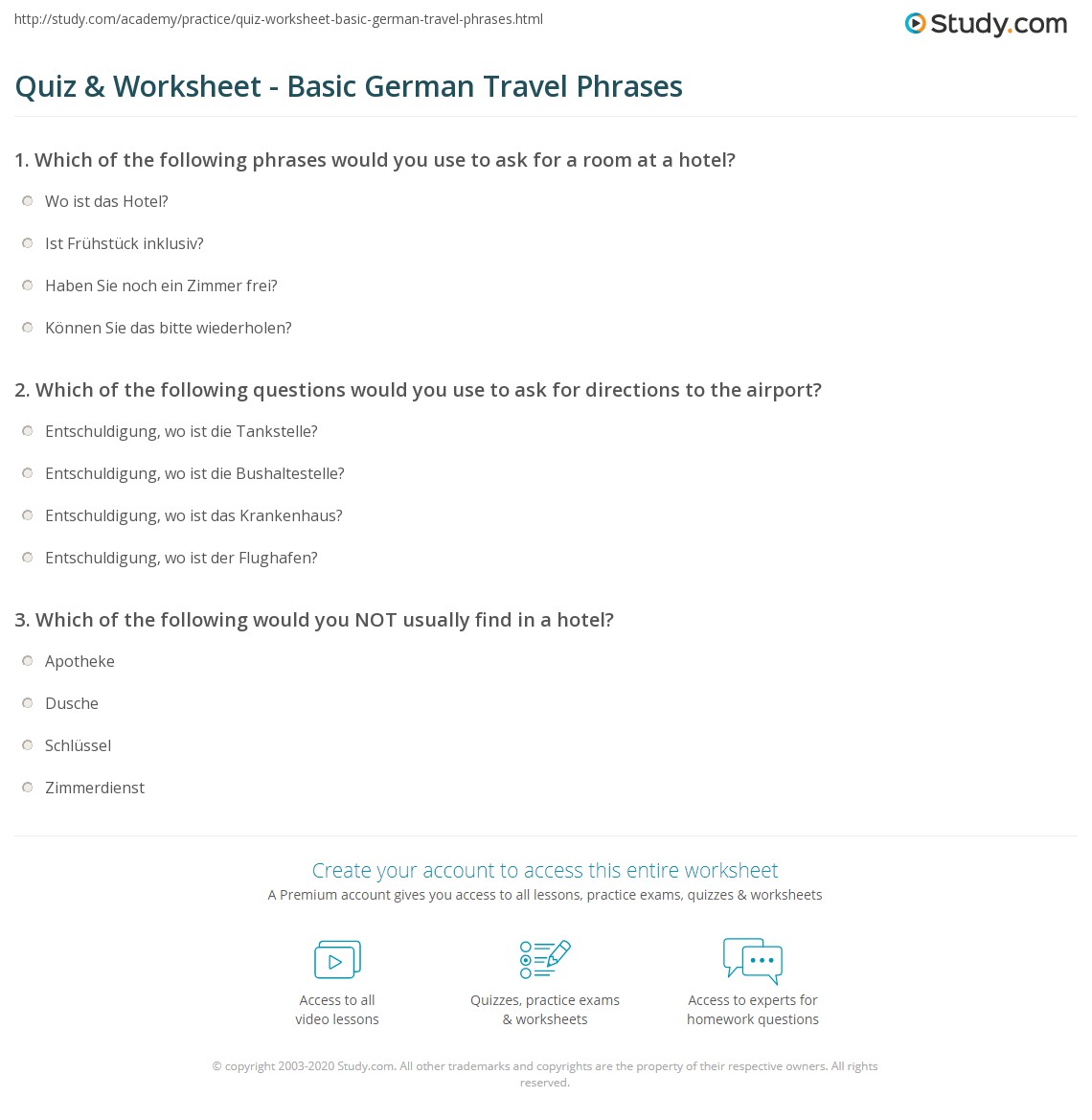 Quiz & Worksheet - Basic German Travel Phrases | Study.com