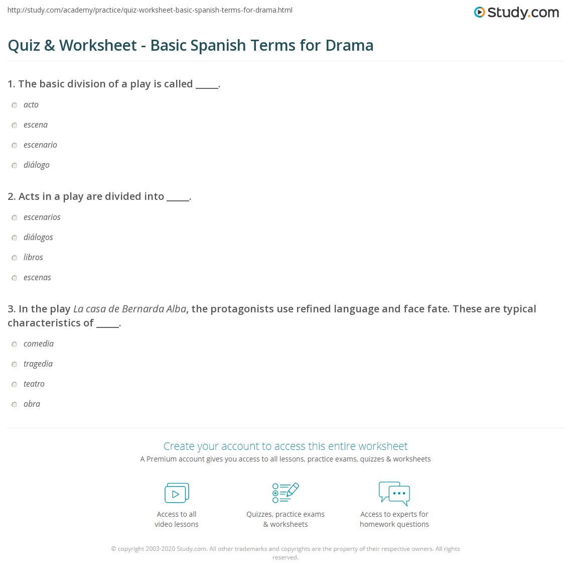 Quiz & Worksheet - Basic Spanish Terms for Drama | Study.com