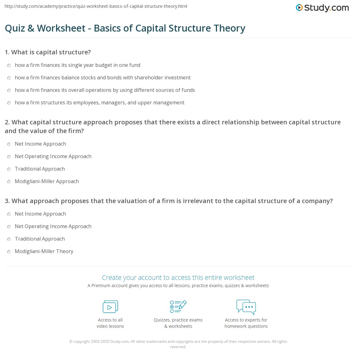 Quiz & Worksheet - Basics of Capital Structure Theory | Study.com