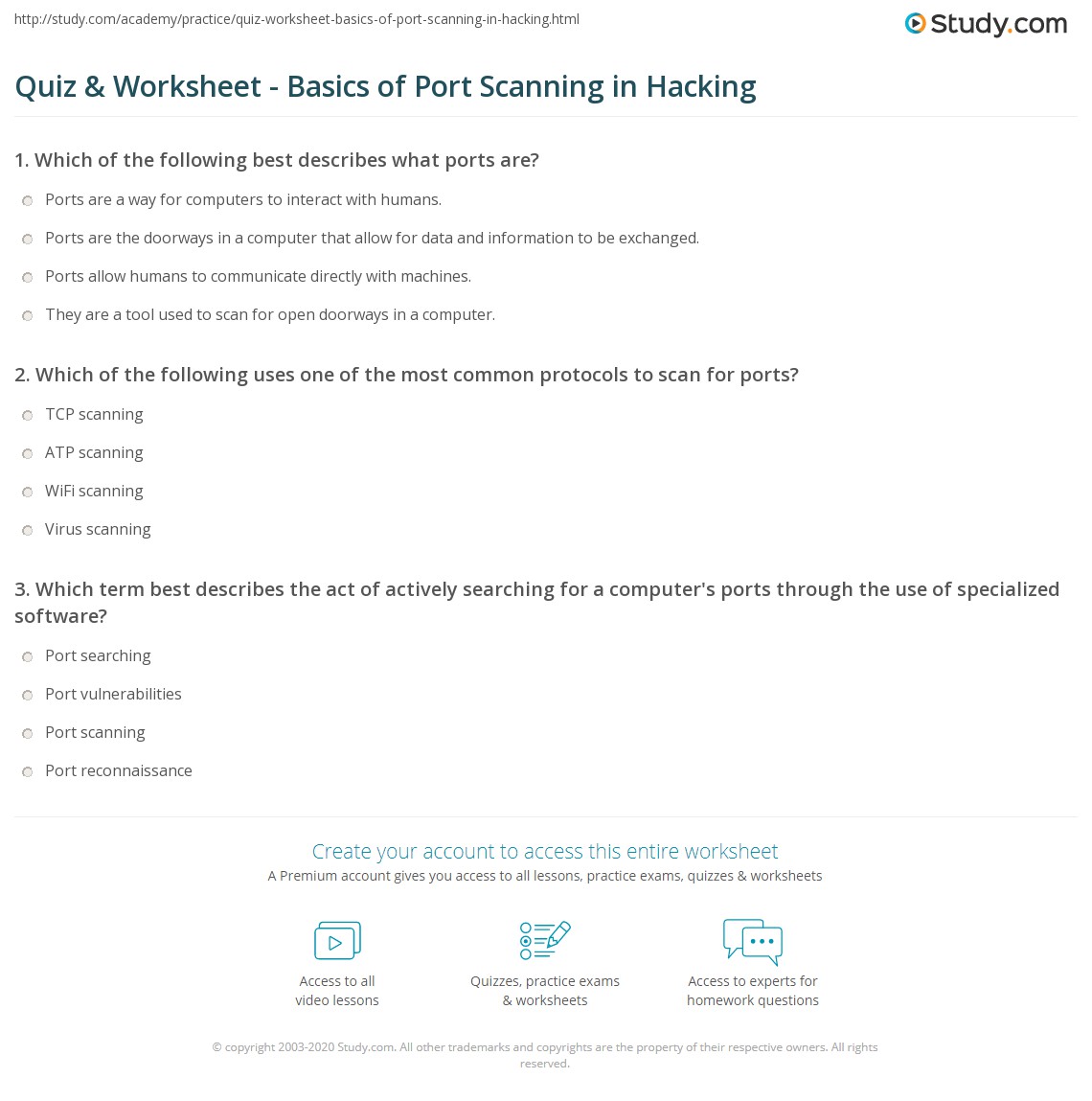 Quiz & Worksheet - Basics of Port Scanning in Hacking | Study.com
