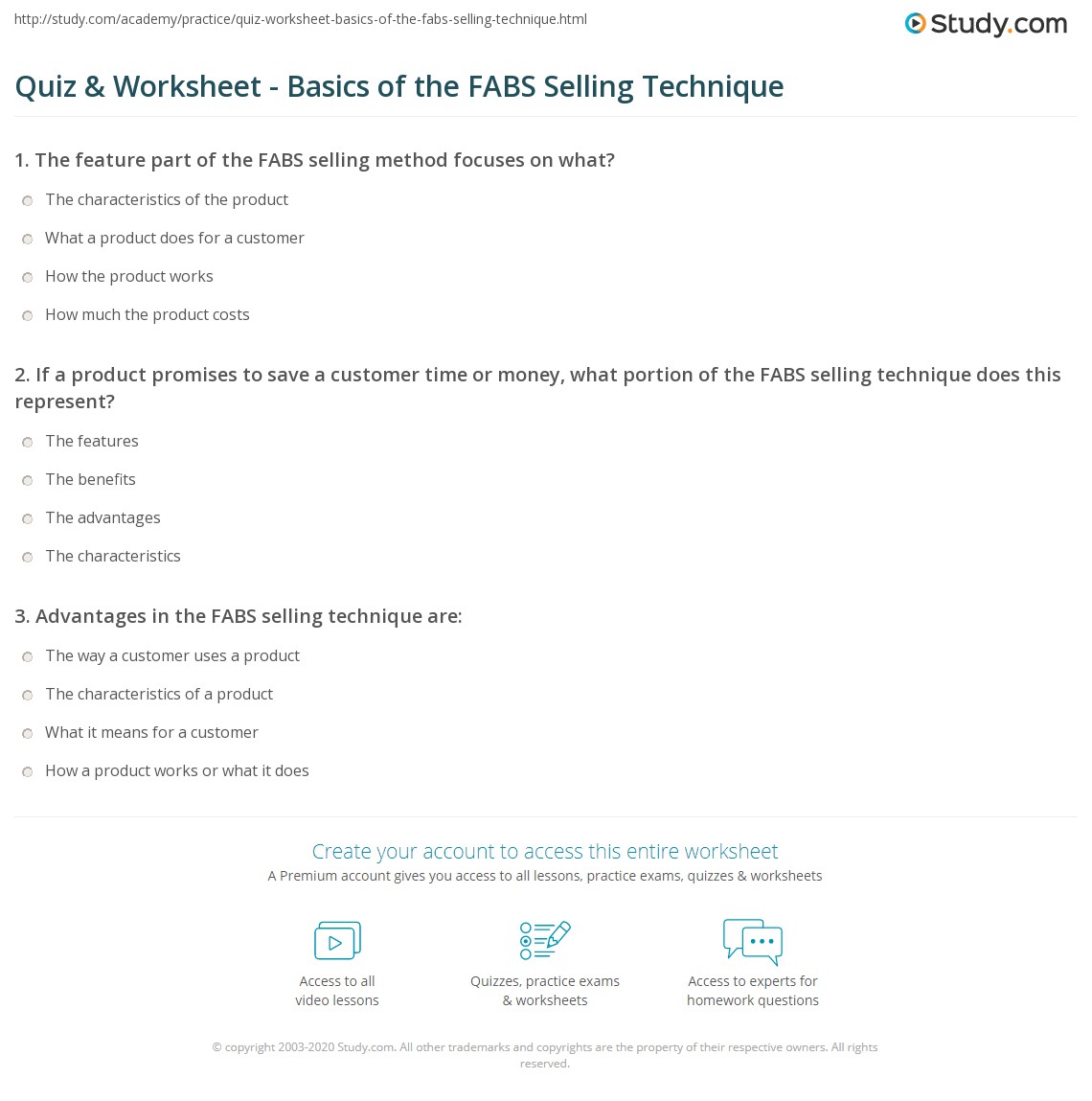 Quiz & Worksheet - Basics of the FABS Selling Technique | Study.com