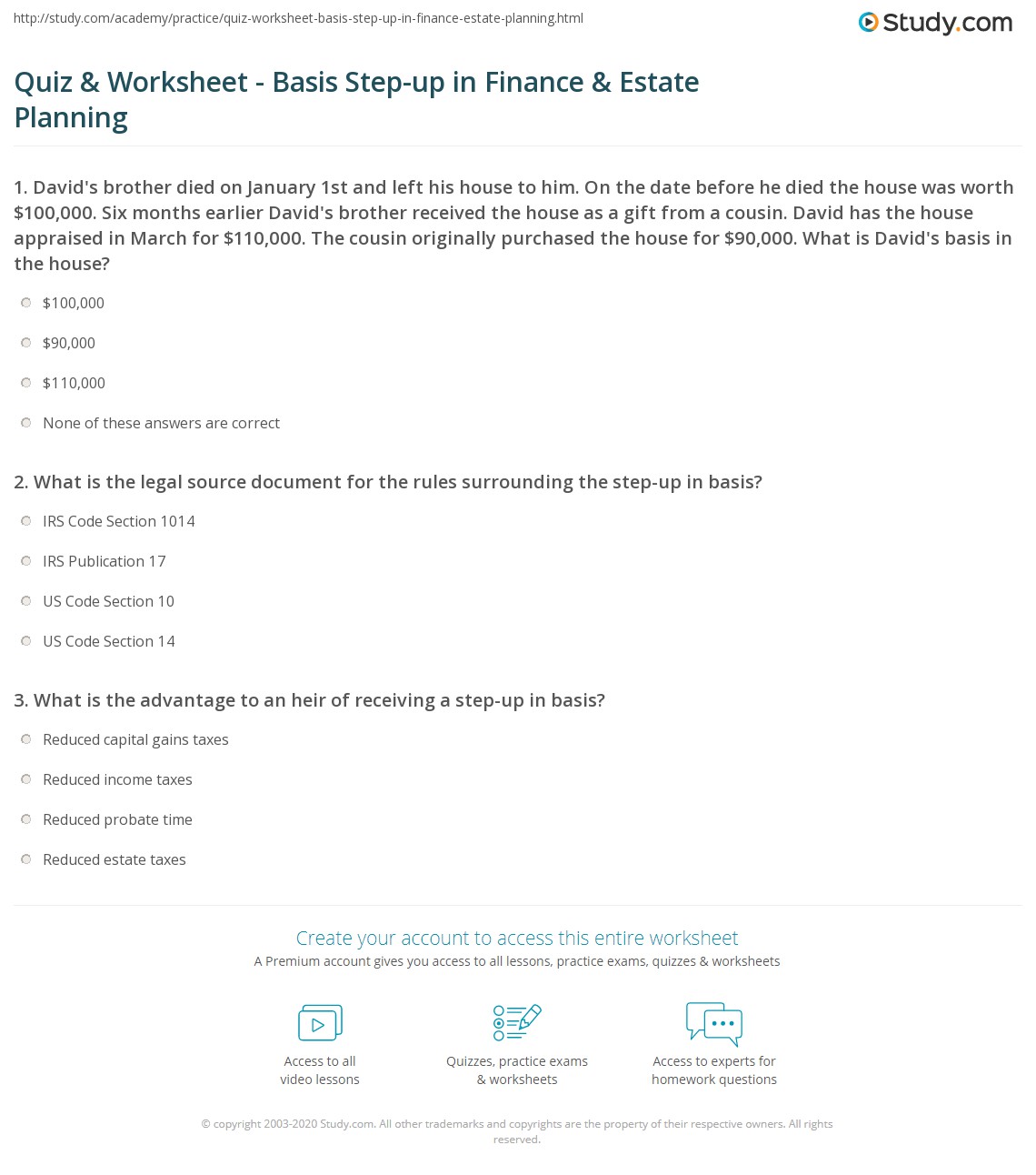 Quiz & Worksheet - Basis Step-up in Finance & Estate Planning | Study.com