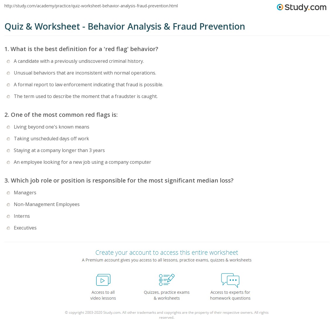 Quiz & Worksheet - Behavior Analysis & Fraud Prevention | Study.com