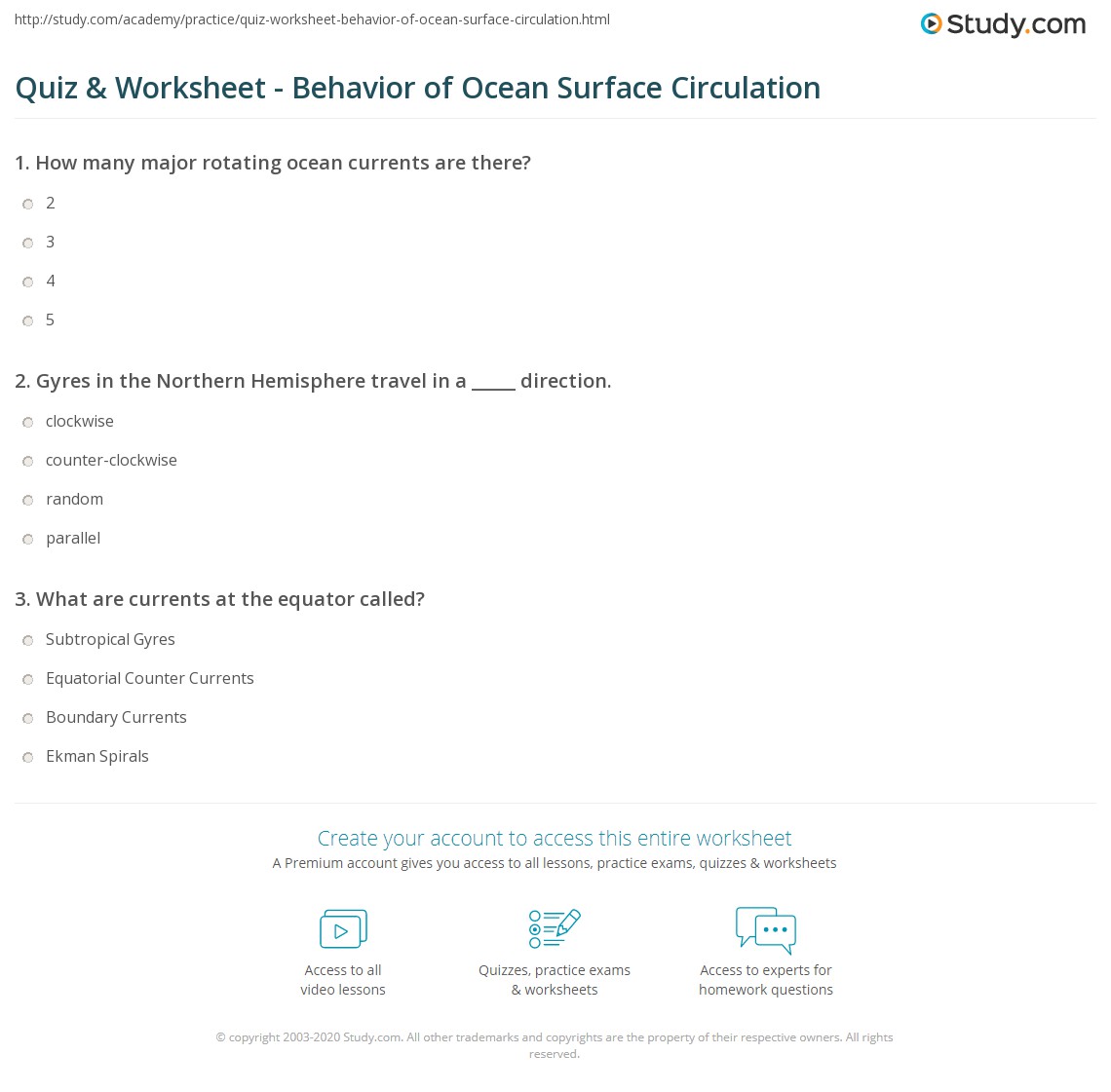 Quiz & Worksheet - Behavior of Ocean Surface Circulation | Study.com