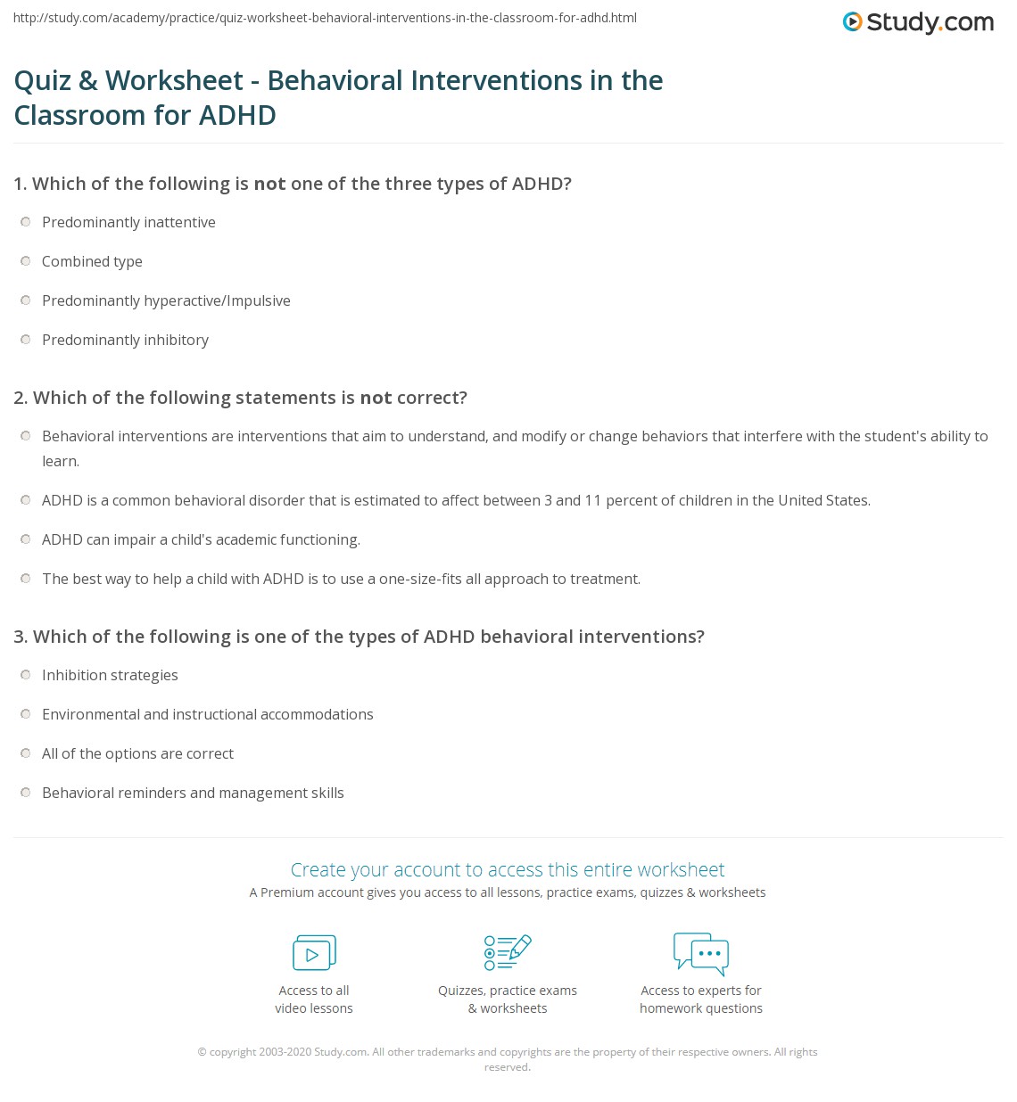 Quiz & Worksheet - Behavioral Interventions in the Classroom for ADHD ...