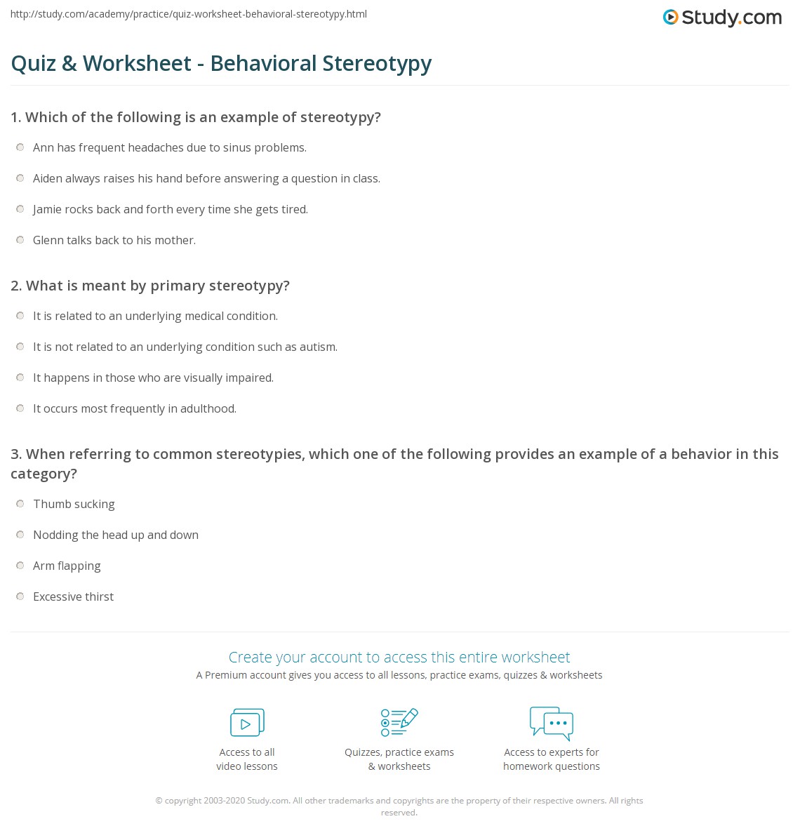 Quiz & Worksheet - Behavioral Stereotypy | Study.com