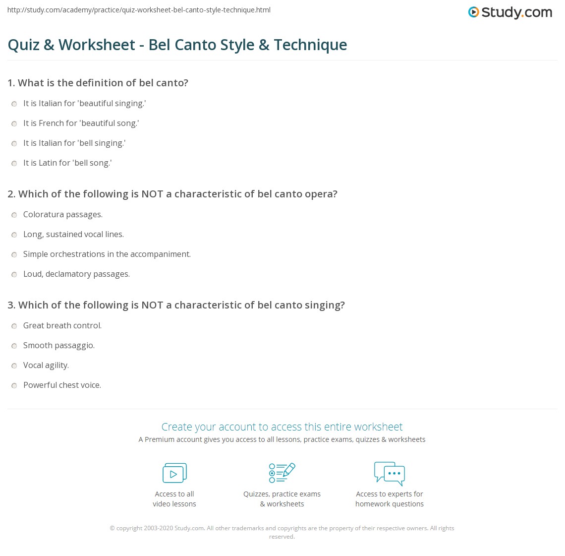 Quiz & Worksheet - Bel Canto Style & Technique | Study.com