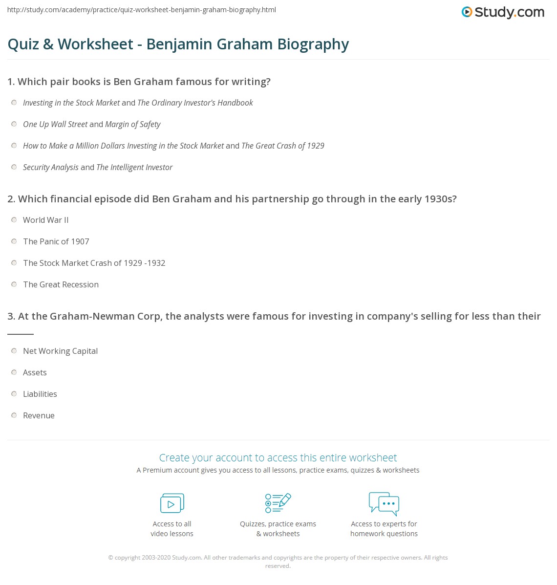 Quiz & Worksheet - Benjamin Graham Biography | Study.com