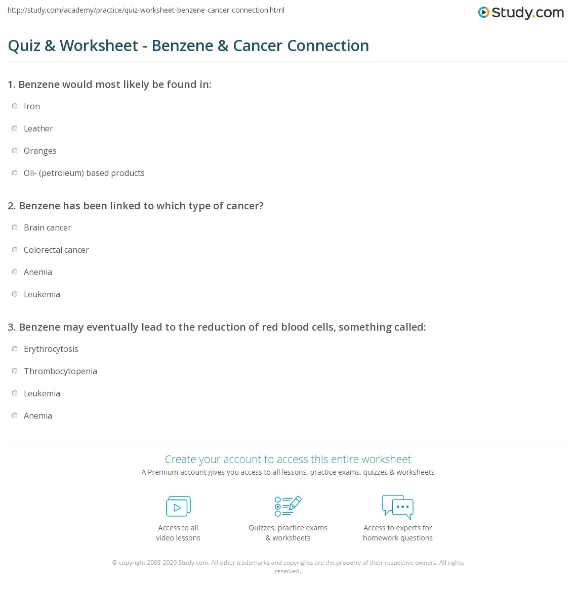 Quiz & Worksheet - Benzene & Cancer Connection | Study.com