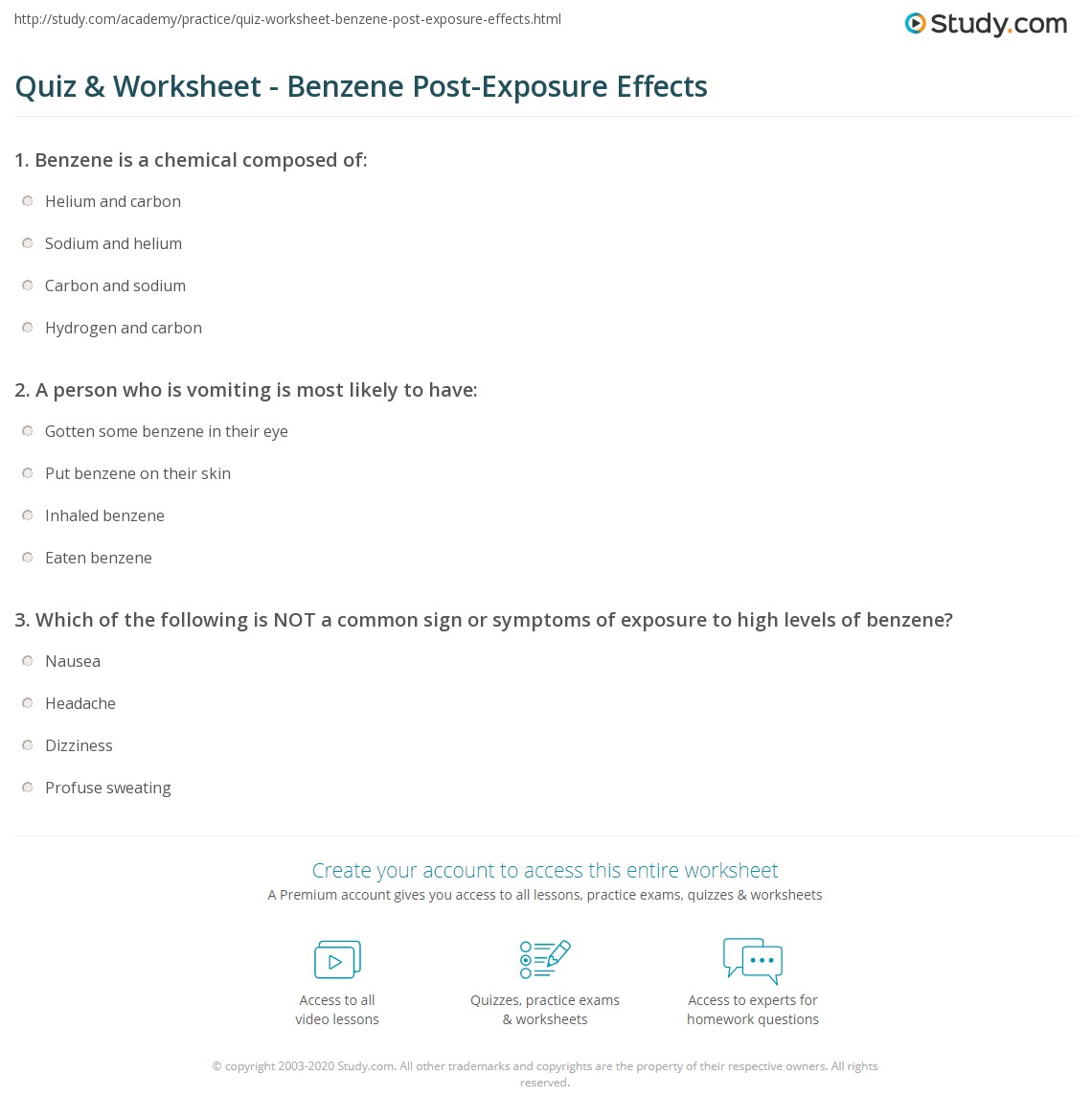 Quiz & Worksheet - Benzene Post-Exposure Effects | Study.com