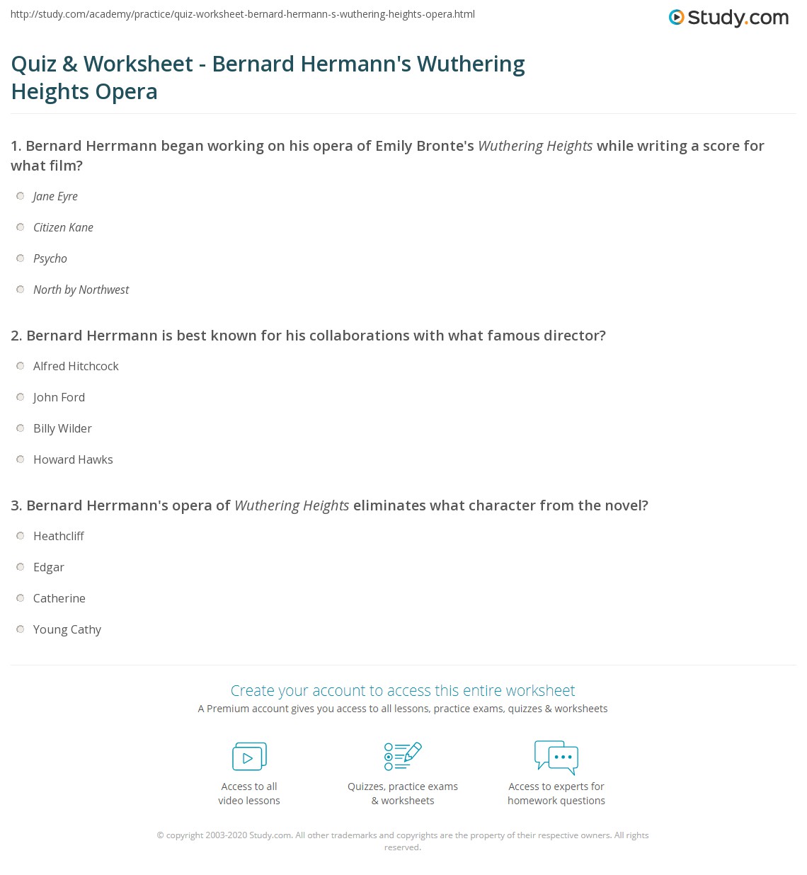 Quiz & Worksheet - Bernard Hermann's Wuthering Heights Opera | Study.com