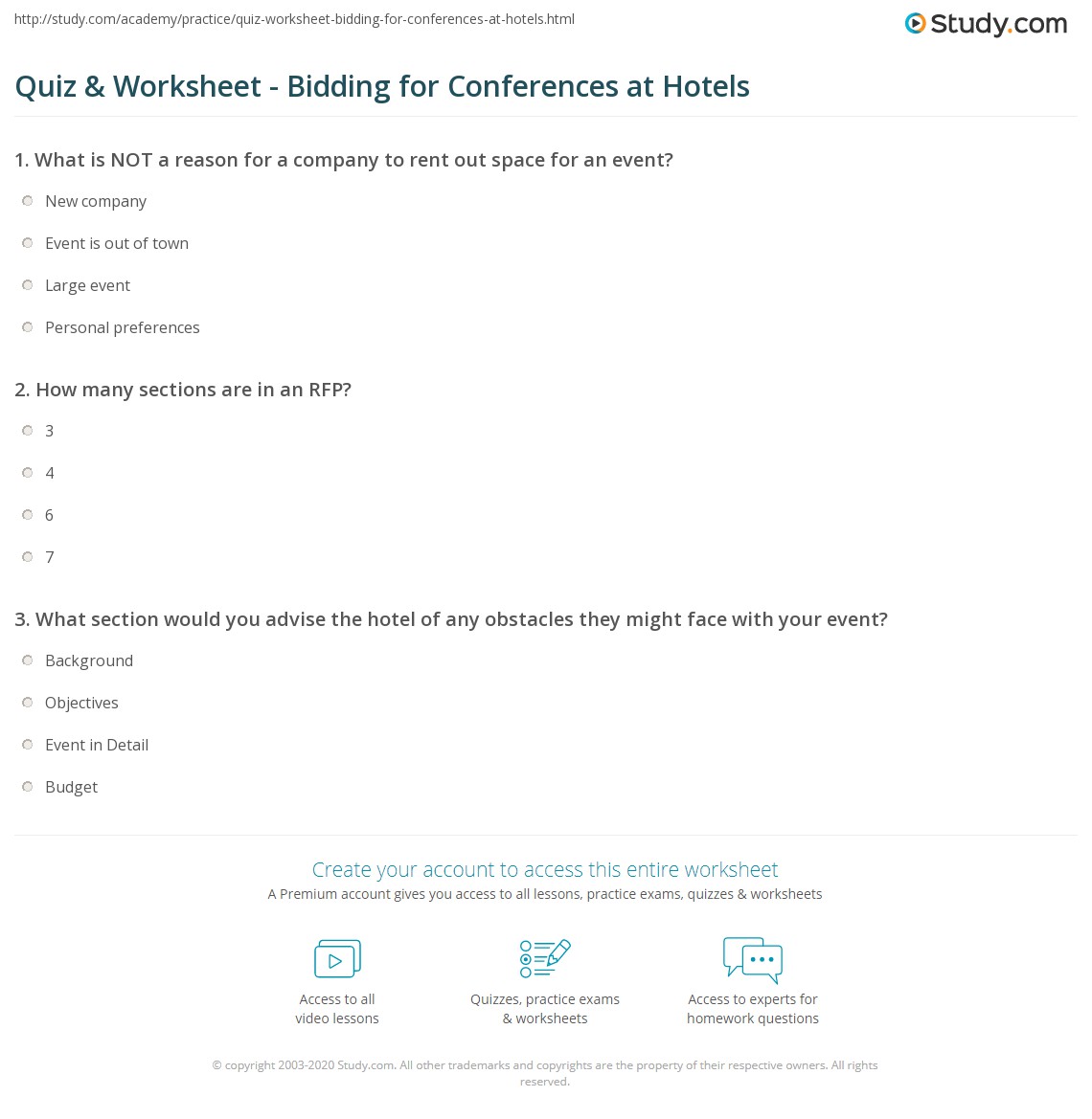 Quiz & Worksheet - Bidding for Conferences at Hotels | Study.com