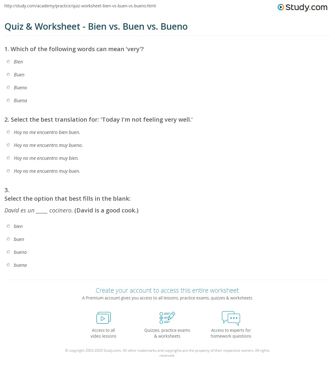 Quiz & Worksheet - Bien vs. Buen vs. Bueno | Study.com
