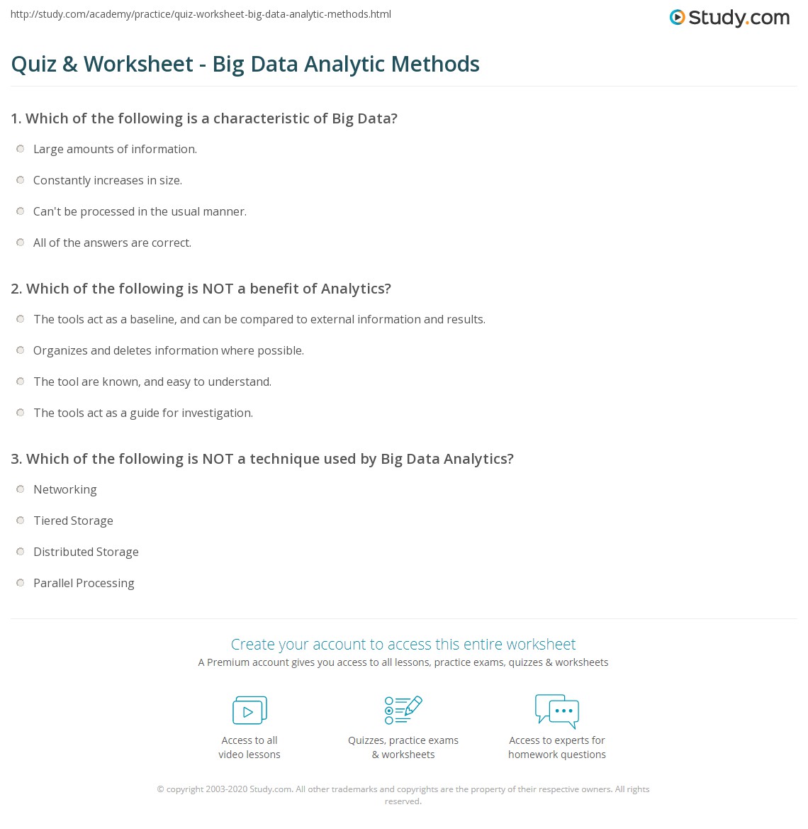 Quiz Worksheet Big Data Analytic Methods Study Quiz Worksheet Big Data Analytic Methods Study